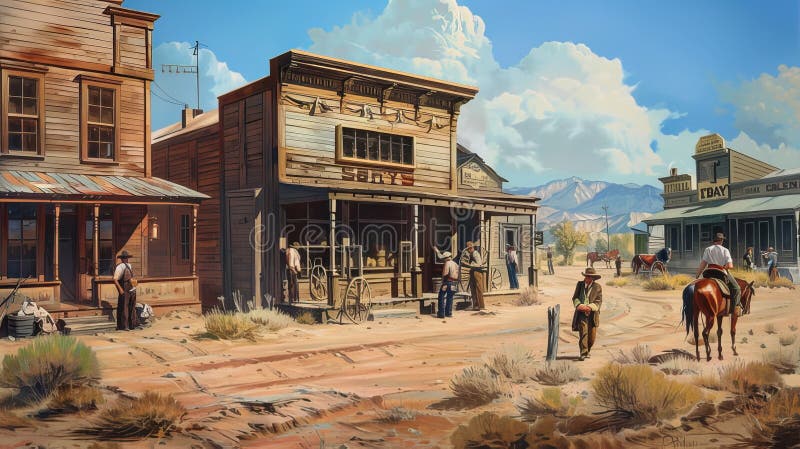 Bustling Wild West Bank on a Dusty Frontier Town Main Street Stock ...