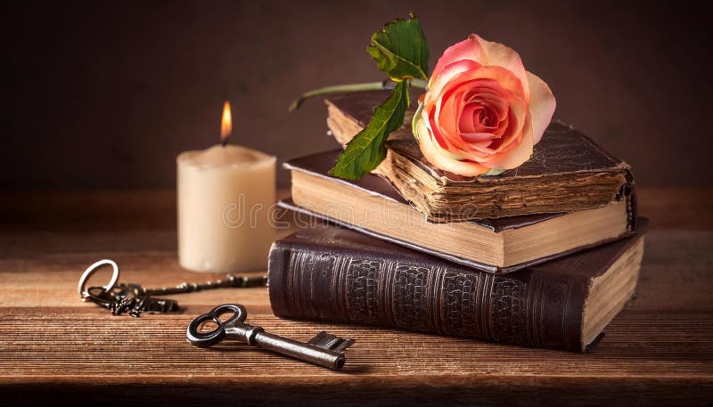 Vintage Still Life with Rose, Books, Candle, and Old Key Stock ...