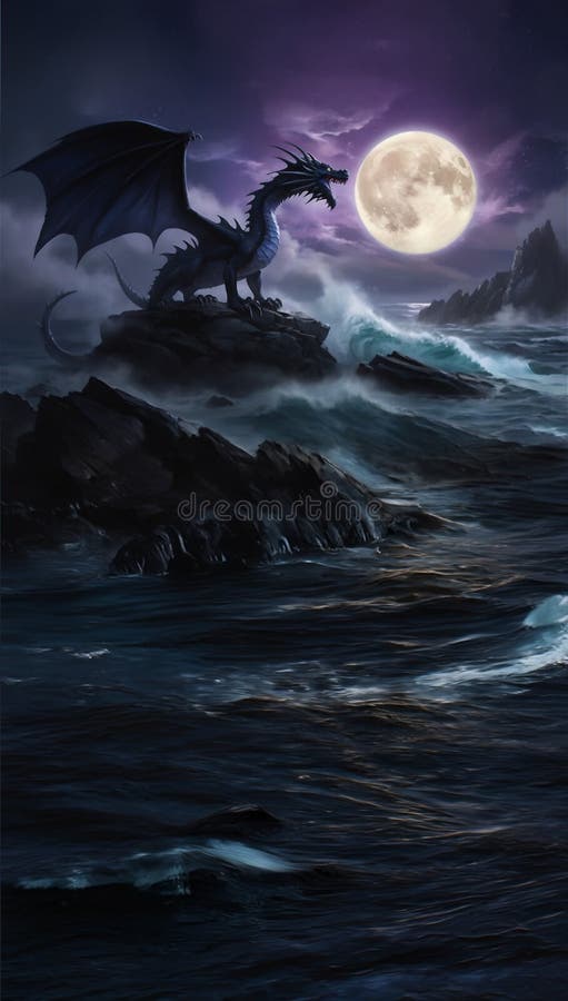 Majestic Midnight Dragon Roaring Under Full Moon Stock Illustration ...