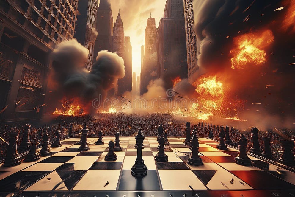 Chess. Chessboard. Dramatic Chess War Scene with Explosions and Debris ...