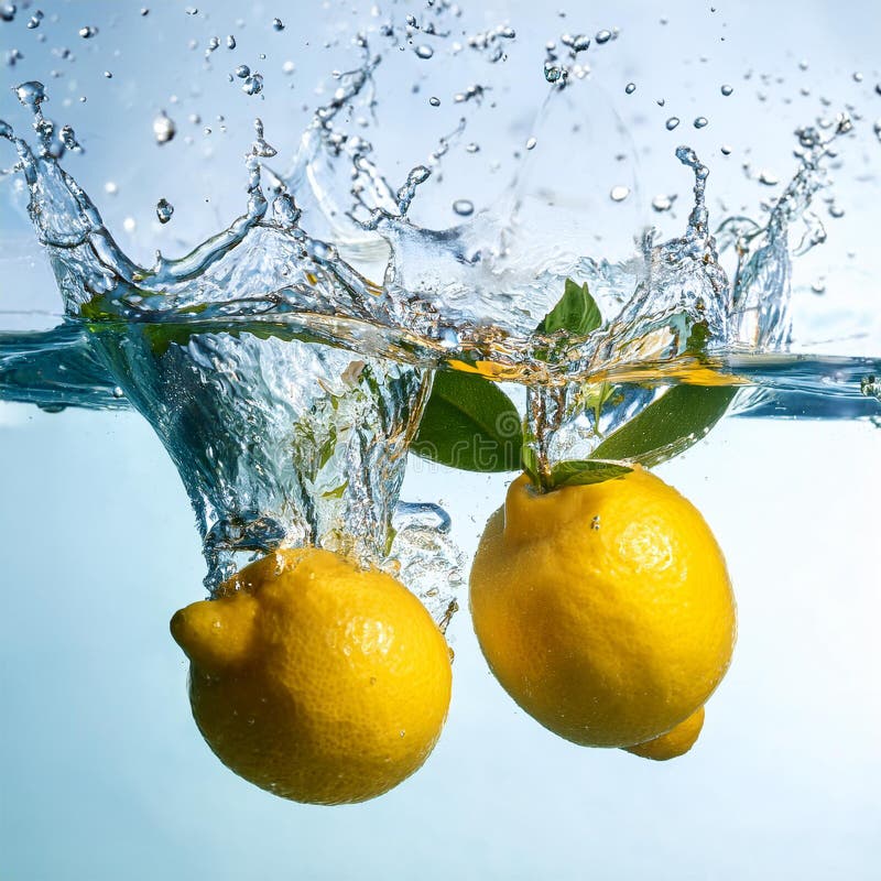 Two Lemons Splashing in Water Stock Illustration - Illustration of leaf ...