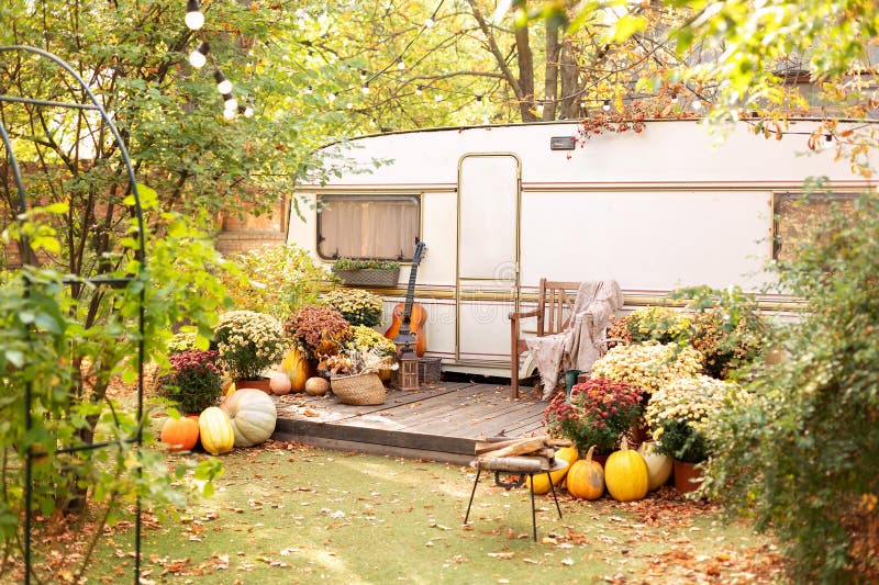 Armchair Near Caravan Trailer. RV House Porch with Garden Furniture ...