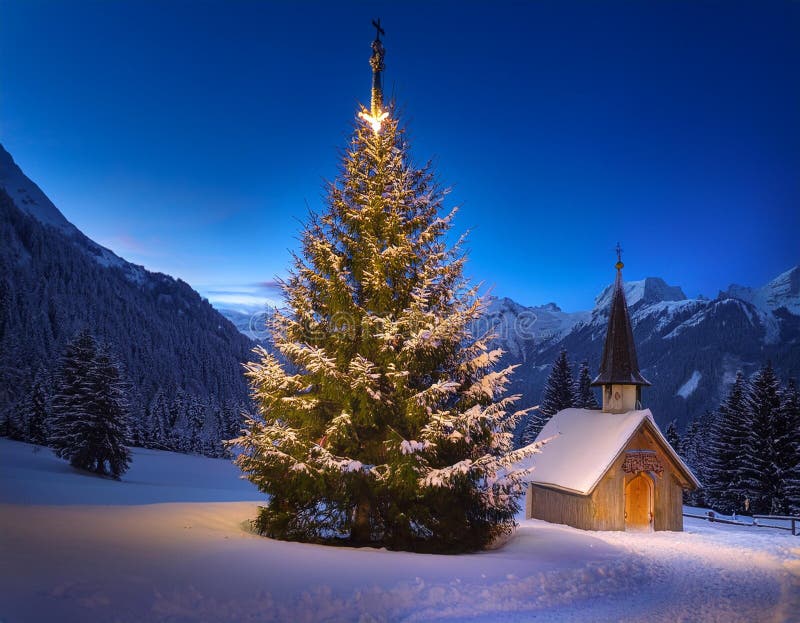Christmas Tree at a Small Snowy Mountain Hut in the Alps Stock ...