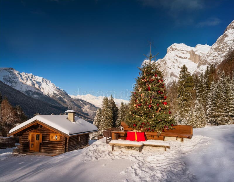 Christmas Tree at a Small Snowy Mountain Hut in the Alps Stock ...