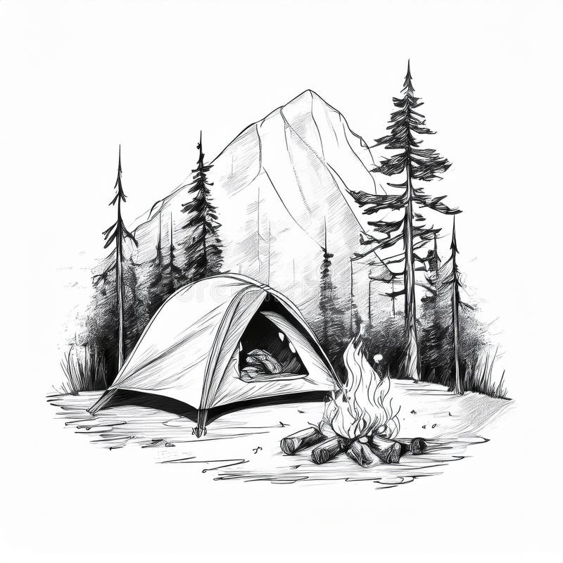Camping in the Mountains. Camping Tent in the Forest Stock Illustration - Illustration of ...
