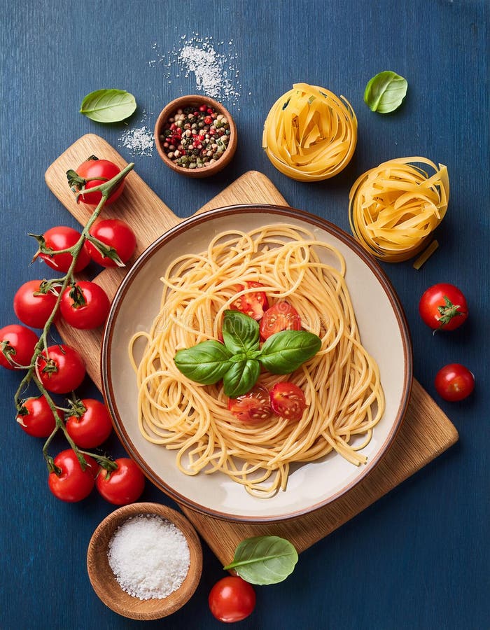 Spaghetti with Tomato and Basil and Ingredients for Making Pasta ...