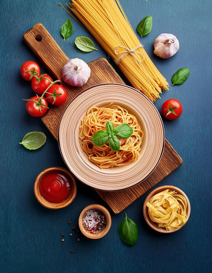 Spaghetti with Tomato and Basil and Ingredients for Making Pasta ...