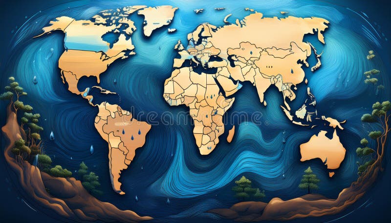Detailed Map Illustrating Global Water Distribution and Regional ...
