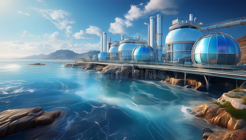 Futuristic Desalination Plant on the Coast Illustrating Advanced ...