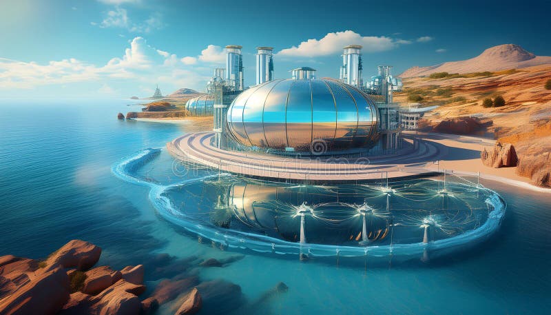 Futuristic Desalination Plant on the Coast Illustrating Advanced ...