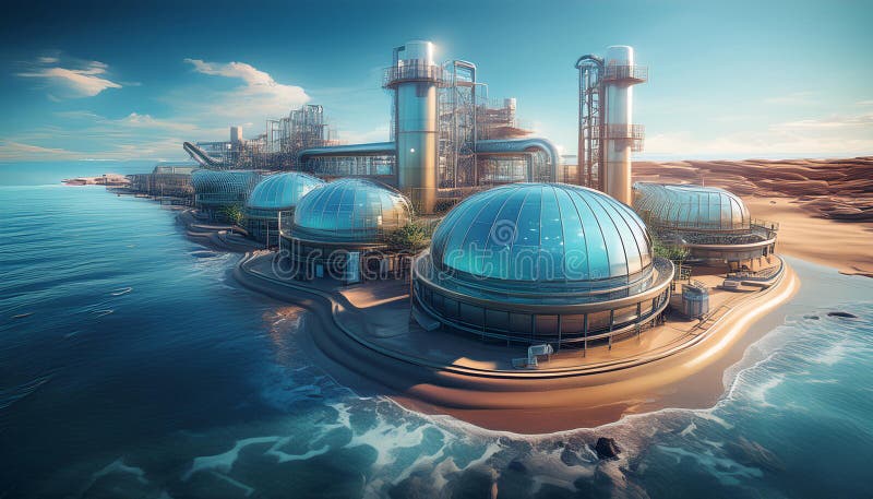 Futuristic Desalination Plant on the Coast Illustrating Advanced ...