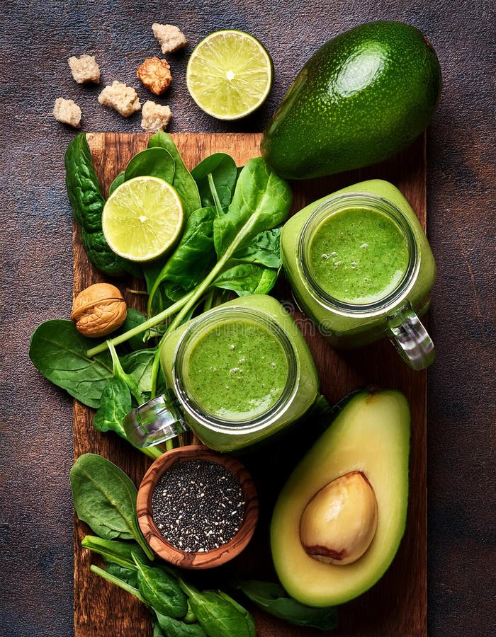 Fresh Green Smoothie with Ingredients on Rustic Background, Top View ...