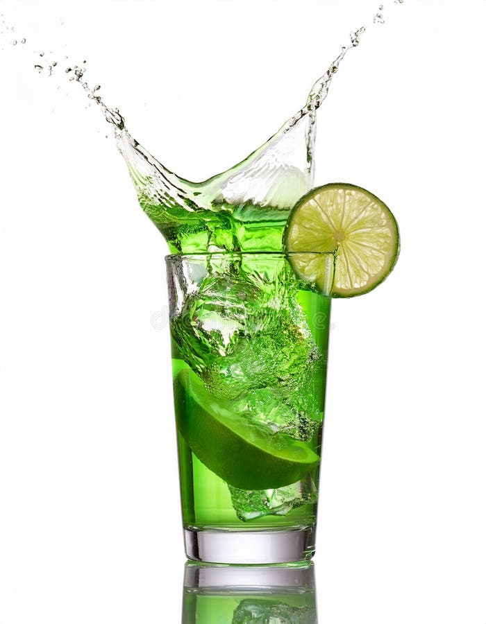 Green Alcohol Cocktail with Splash and Green Lime Isolated on White ...
