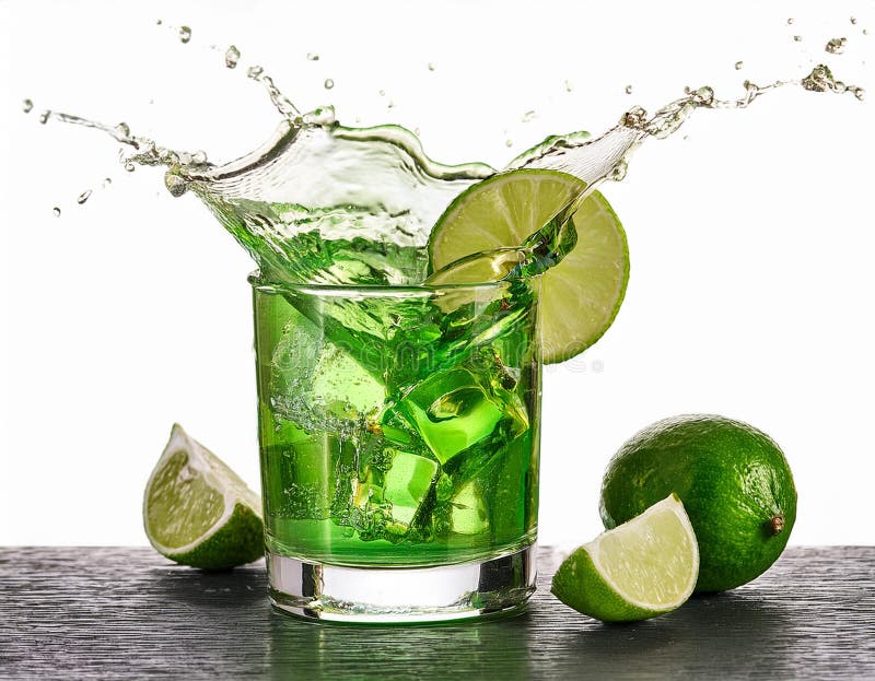 Green Alcohol Cocktail with Splash and Green Lime Isolated on White ...