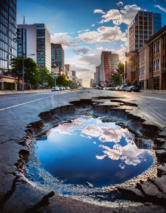 Reflection of Clouds in a Puddle on a Road in Winter Stock Illustration ...