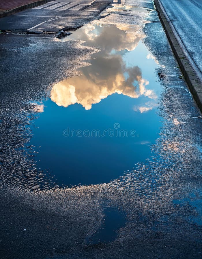 Reflection of Clouds in a Puddle on a Road in Winter Stock Illustration ...