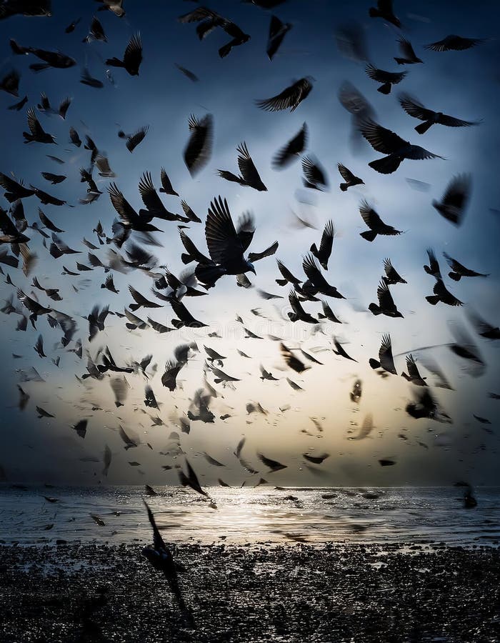 Flock of Birds Flying in the Sky Over the Sea at Sunset. Stock ...