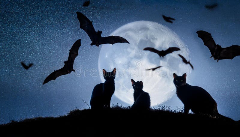 Silhouettes of Black Cats and Bats Against Moon in Halloween Night ...