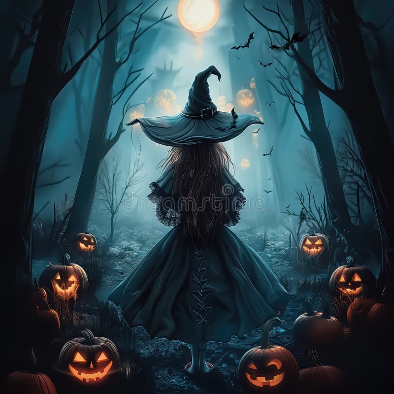 A Witch Standing in Front of a Haunted Forest Full of Evil Pumpkins at ...