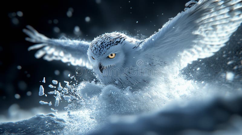 A Snowy Owl Flying Low on the Snowy Ground and Swooping Its Prey Stock ...