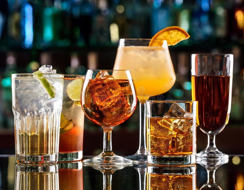 Alcoholic Drinks in Bar on Glass Table Stock Illustration ...