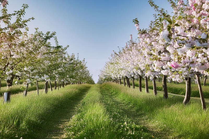 Lush Orchard in Full Spring Bloom Stock Illustration - Illustration of ...