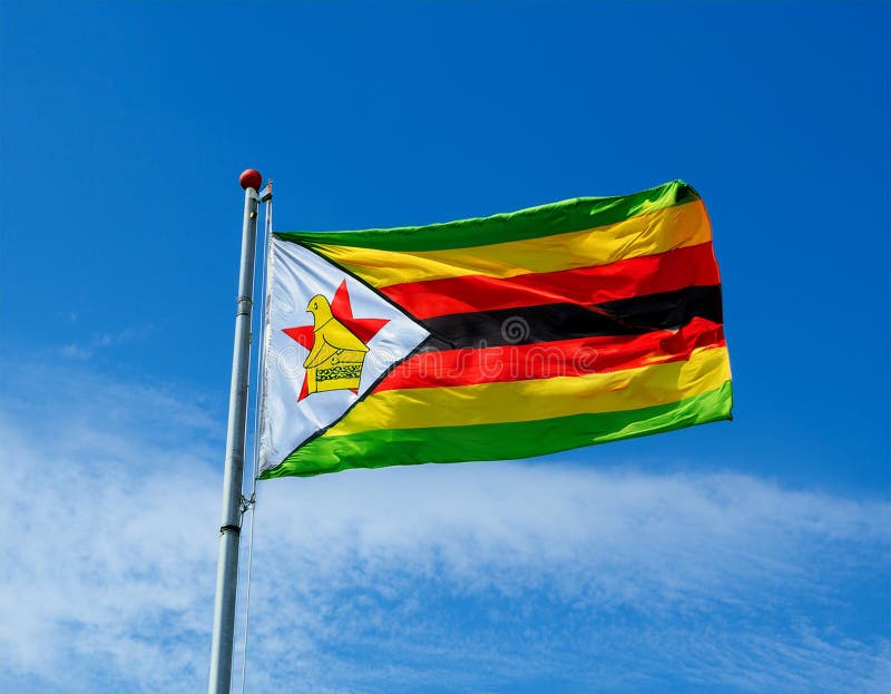 Flag of Zimbabwe Flying Against a Blue Sky Stock Illustration ...