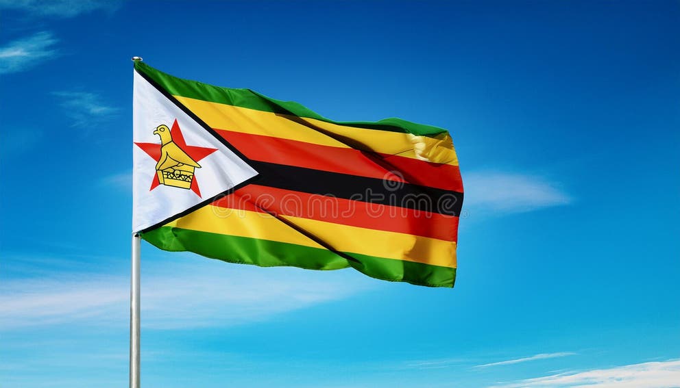 Flag of Zimbabwe Flying Against a Blue Sky Stock Illustration ...