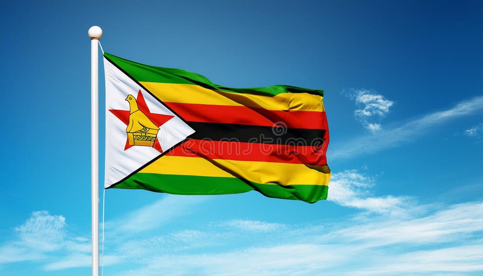 Flag of Zimbabwe Flying Against a Blue Sky Stock Illustration ...