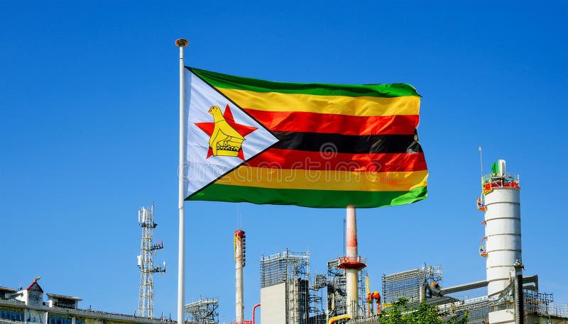 Flag of Zimbabwe Flying Against a Blue Sky Stock Illustration ...