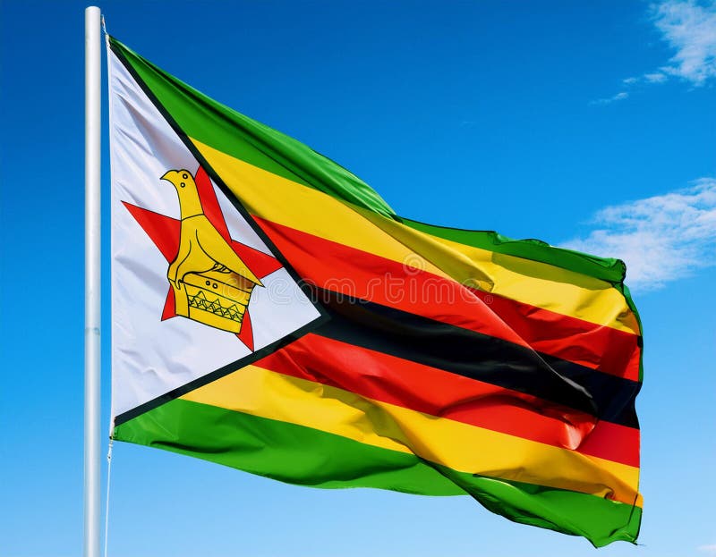 Flag of Zimbabwe Flying Against a Blue Sky Stock Illustration ...