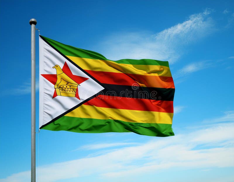 Flag of Zimbabwe Flying Against a Blue Sky Stock Illustration ...
