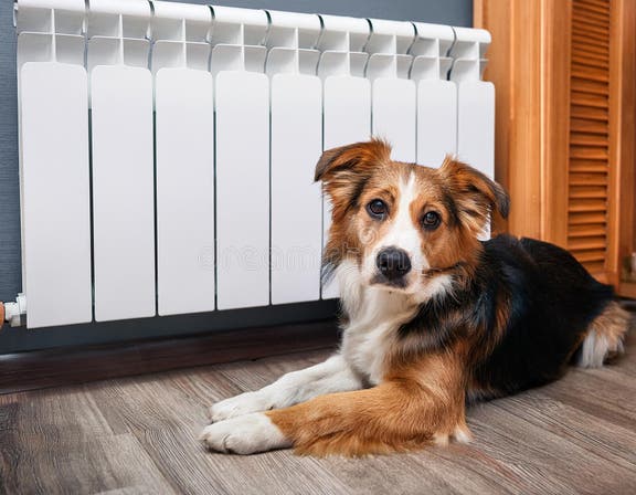 The Dog Near To a Warm Radiator. the Dog Has a Rest on Wooden To a ...