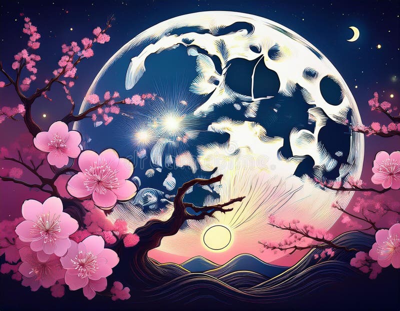 Pink Sakura Moon Swirl - Illustration Stock Illustration - Illustration ...