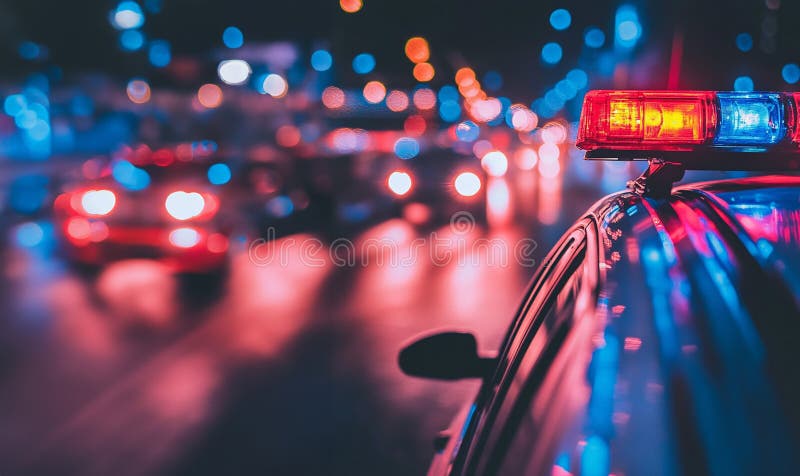 Police Vehicle with Red and Blue Lights at Night in Traffic Stock ...