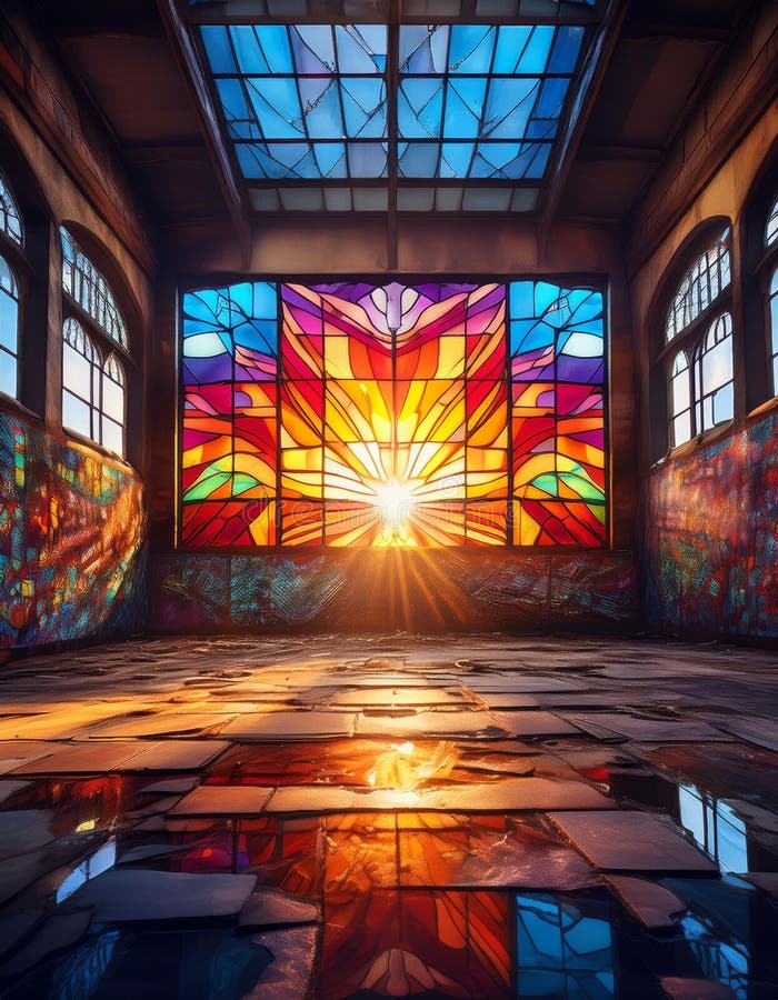 3D Rendering of an Old Church Stained Glass Window with Sun Rays Stock ...