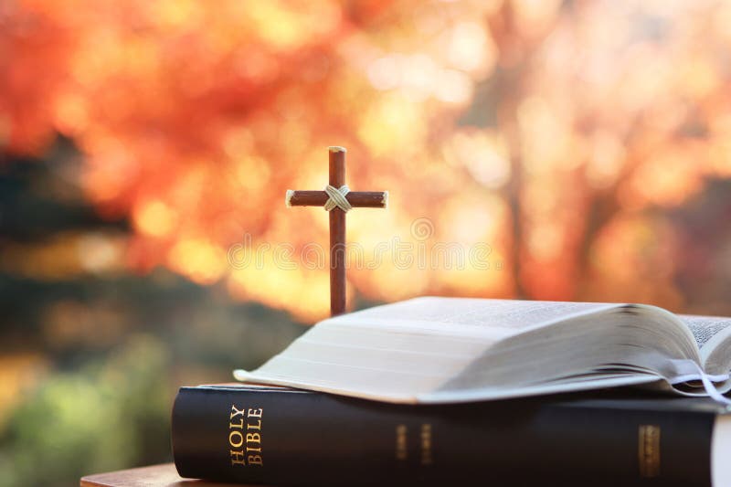 Autumn Leaves and the Holy Cross of Jesus Christ and the Bible Stock ...