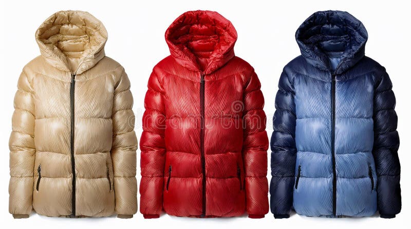 Three Puffer Jacket Mockup Set. Realistic Modern Hooded Down Puffer of ...