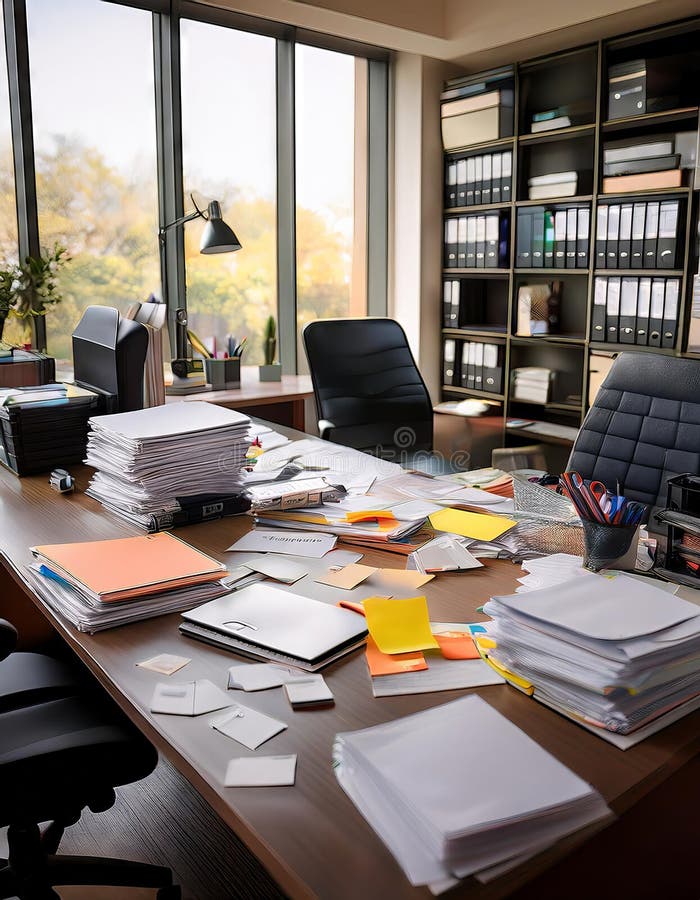 Messy Office Desk with a Lot of Paperwork and Documents on it Stock ...