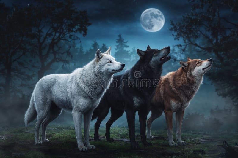Wolves pack with moon stock image. Image of full, howling - 10652971