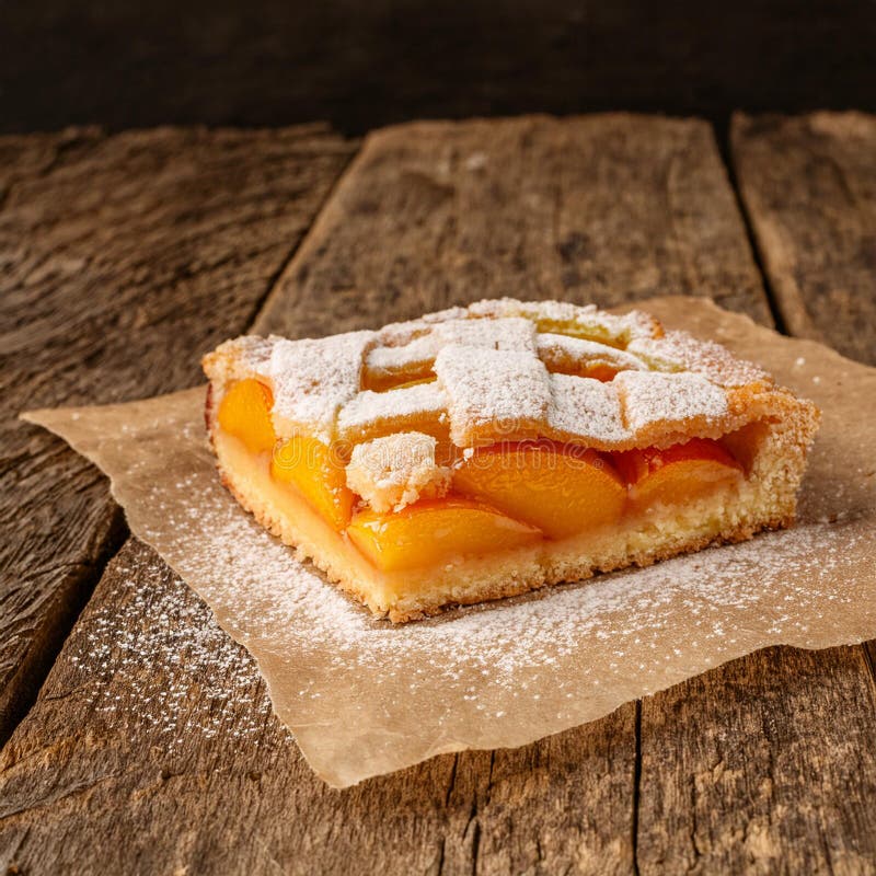 Peach Pie with Sugar Powder Over a Piece of Paper on a Rough Old Wooden ...