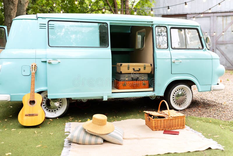 A Place for Relax Nature with a Picnic Basket, Plaid, Guitar. Blue ...