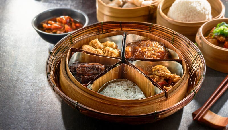 Asian-style Meal in a Traditional Bamboo Basket with Segmented ...
