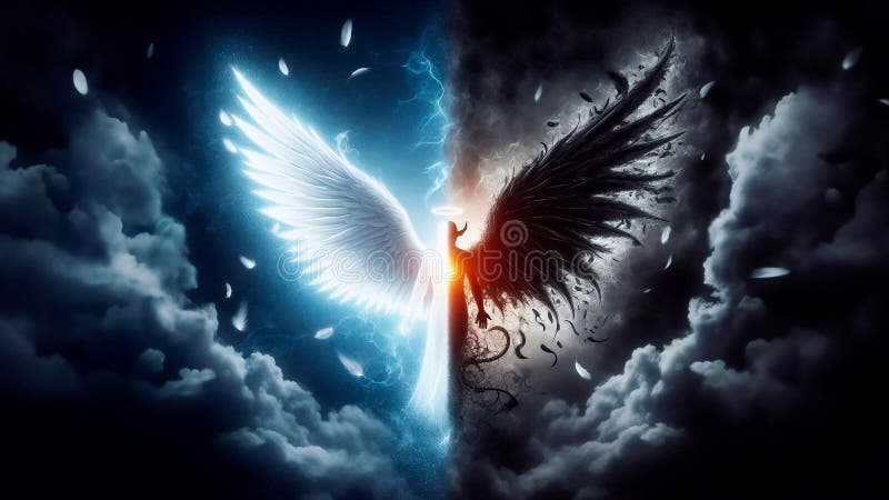 Glowing Wing of White Angel Against Black Wing of Demon. Concept of ...