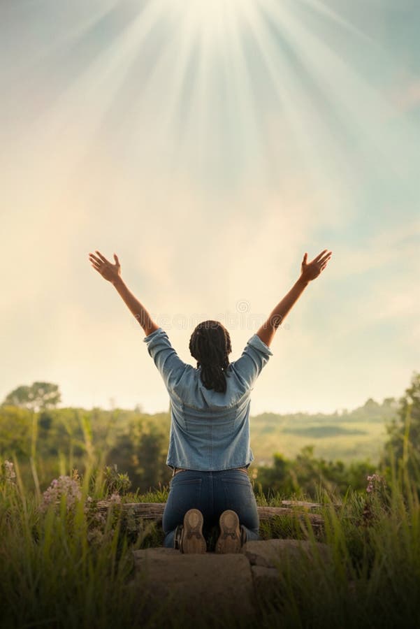 Praising the Lord. a Woman with Her Arms Raised To the Sky in ...
