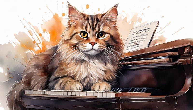 Generated Image?Cute Cat and Piano, Playing Music Stock Illustration ...