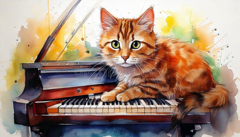 Generated Image?Cute Cat and Piano, Playing Music Stock Illustration ...