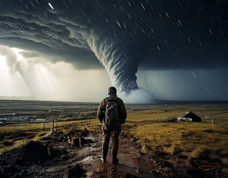 Man is Watching a Strong Tornado Over the Great Plains. AI Generated ...