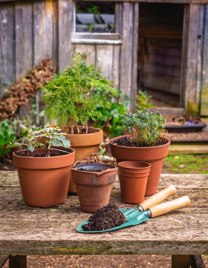 Rustic Table with Flower Pots, Potting Soil, Trowel and Plants in Front ...