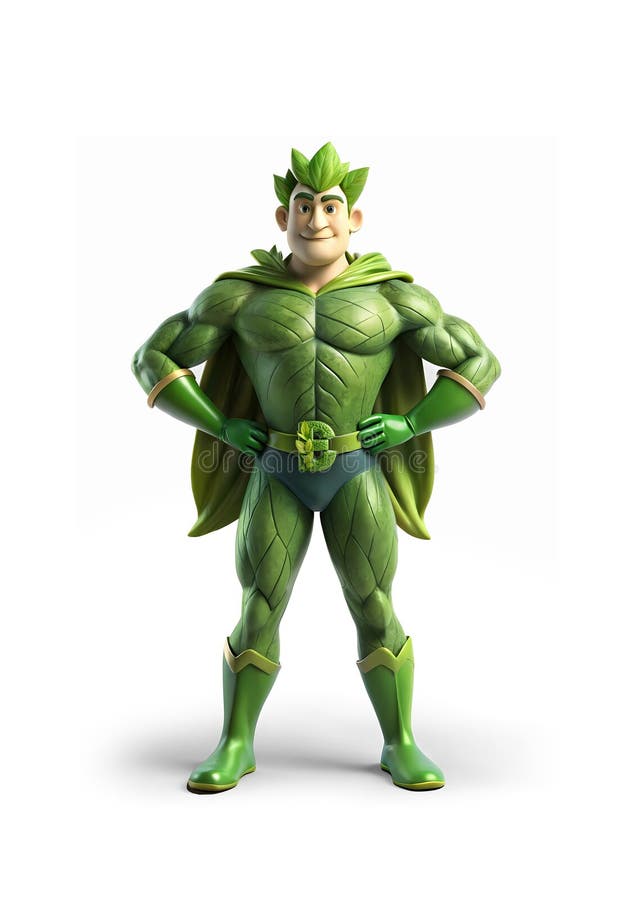 3D Illustration for a Superhero Character Made from Green Leaves, a ...